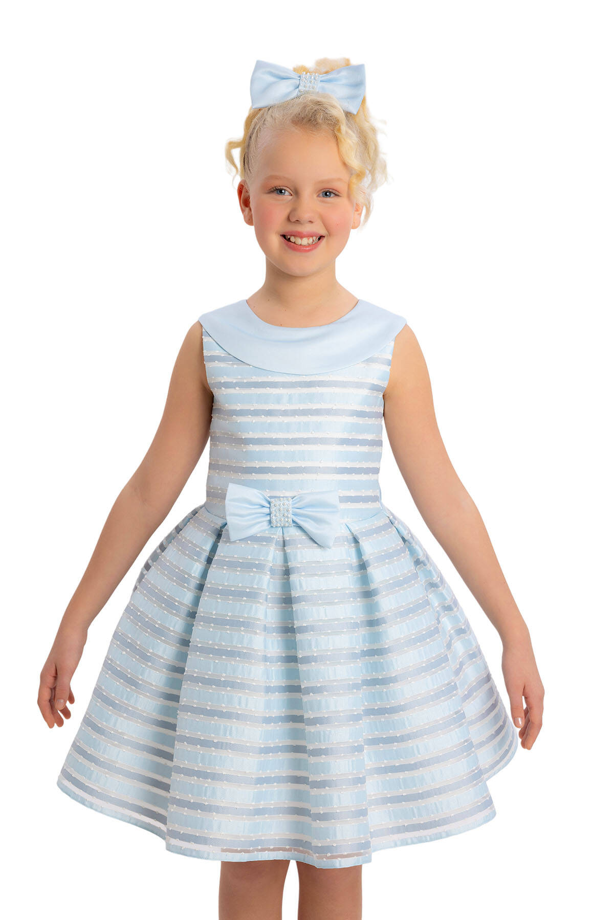 Blue Girls Striped Organza Dress 8-12 AGE 34167PR - Pamina Kids Wholesale